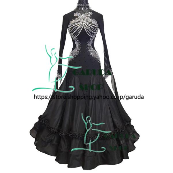 ストレッチ素材で動きやすく、発表会、競技などにおすすめのレディースモダン社交ダンス衣装です。高級ドレス、ぜひお楽しみにしてください。魅力のセミオーダーも対応させていただきます。[サイズ/cm] Sサイズ  着丈125 バスト79-83 ウエ...