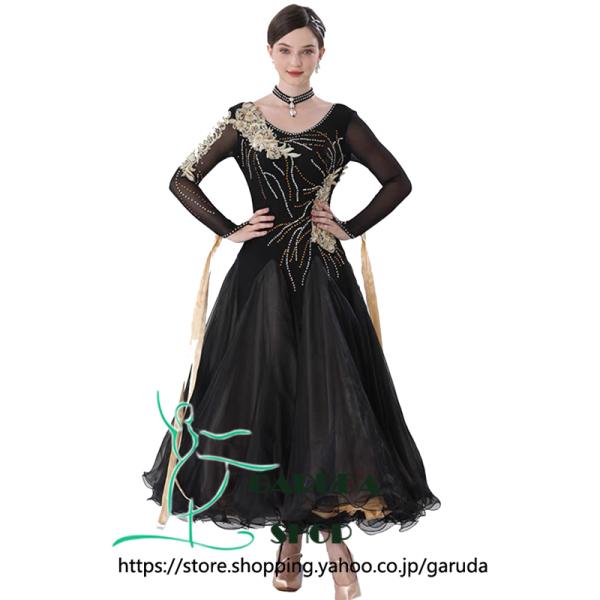 ストレッチ素材で動きやすく、発表会、競技、練習などにおすすめのレディースモダン社交ダンス衣装です。伸縮性がありとても着心地が良いワンランク上の生地を使用しています。ぜひお楽しみにしてください。[サイズ/cm] S/　着丈130　バスト70-...