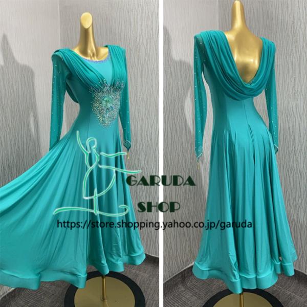 ストレッチ素材で動きやすく、発表会、競技などにおすすめのレディースモダン社交ダンス衣装です。高級ドレス、ぜひお楽しみにしてください。魅力のセミオーダーも対応させていただきます。[サイズ/cm] Sサイズ  着丈125 バスト79-83 ウエ...