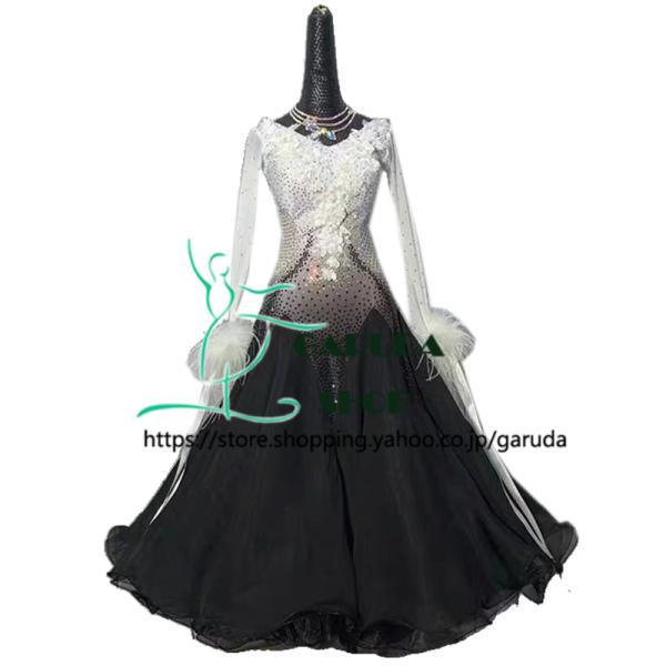 ストレッチ素材で動きやすく、発表会、競技などにおすすめのレディースモダン社交ダンス衣装です。高級ドレス、ぜひお楽しみにしてください。魅力のセミオーダーも対応させていただきます。[サイズ/cm] Sサイズ  着丈125 バスト79-83 ウエ...