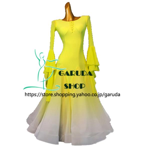 ストレッチ素材で動きやすく、発表会、競技などにおすすめのレディースモダン社交ダンス衣装です。高級ドレス、ぜひお楽しみにしてください。魅力のセミオーダーも対応させていただきます。[サイズ/cm] Sサイズ  着丈125 バスト79-83 ウエ...