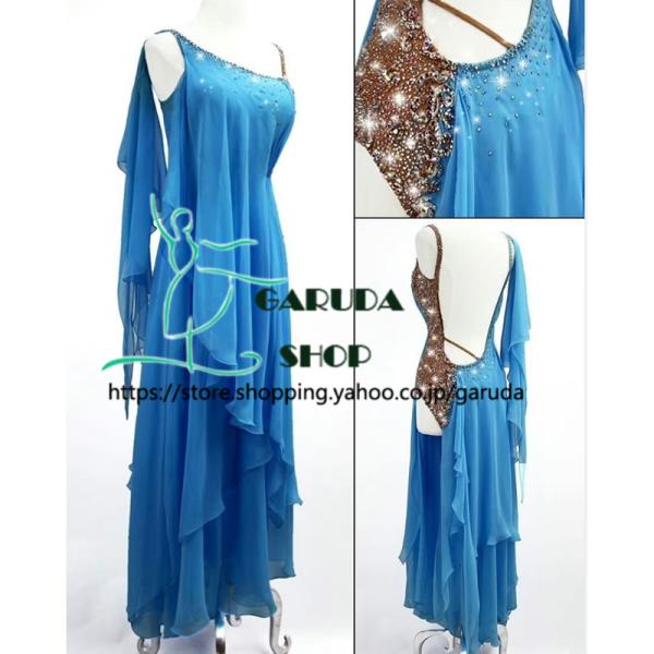 ストレッチ素材で動きやすく、発表会、競技などにおすすめのレディースモダン社交ダンス衣装です。高級ドレス、ぜひお楽しみにしてください。魅力のセミオーダーも対応させていただきます。[サイズ/cm] Sサイズ  身長150-157cm バスト79...