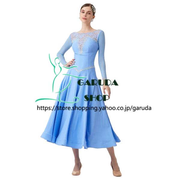 ストレッチ素材で動きやすく、発表会、競技などにおすすめのレディースモダン社交ダンス衣装です。高級ドレス、ぜひお楽しみにしてください。魅力のセミオーダーも対応させていただきます。[サイズ/cm] Sサイズ  着丈125 バスト79-83 ウエ...