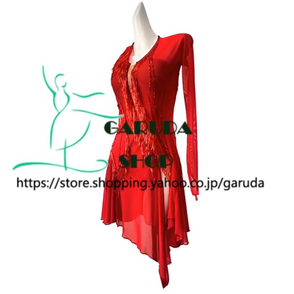 ストレッチ素材で動きやすく、発表会、競技などにおすすめのレディースモダン社交ダンス衣装です。高級ドレス、ぜひお楽しみにしてください。魅力のセミオーダーも対応させていただきます。[サイズ/cm] Sサイズ  身長150-157cm バスト79...