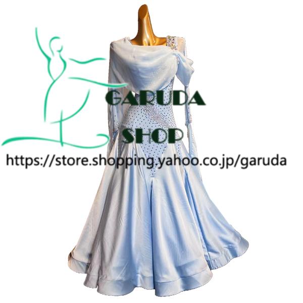 ストレッチ素材で動きやすく、発表会、競技などにおすすめのレディースモダン社交ダンス衣装です。高級ドレス、ぜひお楽しみにしてください。魅力のセミオーダーも対応させていただきます。[サイズ/cm] Sサイズ  着丈125 バスト79-83 ウエ...