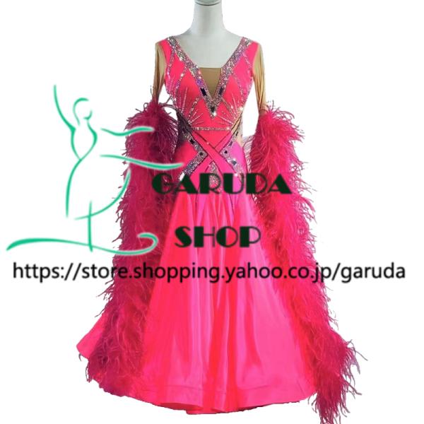 ストレッチ素材で動きやすく、発表会、競技などにおすすめのレディースモダン社交ダンス衣装です。高級ドレス、ぜひお楽しみにしてください。魅力のセミオーダーも対応させていただきます。[サイズ/cm] Sサイズ  着丈125 バスト79-83 ウエ...