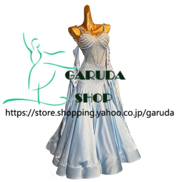 ストレッチ素材で動きやすく、発表会、競技などにおすすめのレディースモダン社交ダンス衣装です。高級ドレス、ぜひお楽しみにしてください。魅力のセミオーダーも対応させていただきます。[サイズ/cm] Sサイズ  着丈125 バスト79-83 ウエ...