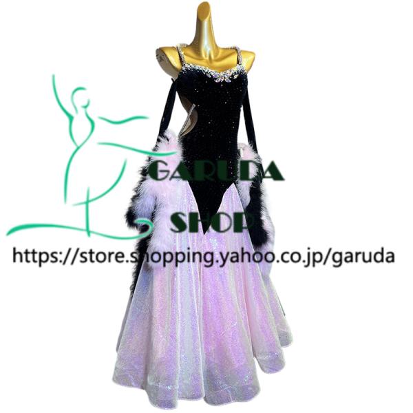 ストレッチ素材で動きやすく、発表会、競技などにおすすめのレディースモダン社交ダンス衣装です。高級ドレス、ぜひお楽しみにしてください。魅力のセミオーダーも対応させていただきます。[サイズ/cm] Sサイズ  着丈125 バスト79-83 ウエ...