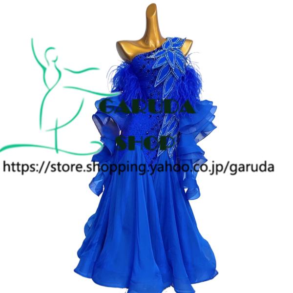 ストレッチ素材で動きやすく、発表会、競技などにおすすめのレディースモダン社交ダンス衣装です。高級ドレス、ぜひお楽しみにしてください。魅力のセミオーダーも対応させていただきます。[サイズ/cm] Sサイズ  着丈125 バスト79-83 ウエ...