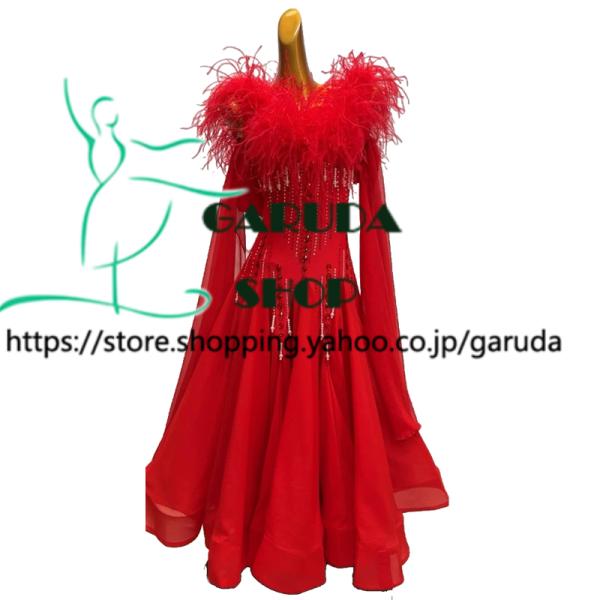 ストレッチ素材で動きやすく、発表会、競技などにおすすめのレディースモダン社交ダンス衣装です。高級ドレス、ぜひお楽しみにしてください。魅力のセミオーダーも対応させていただきます。[サイズ/cm] Sサイズ  着丈125 バスト79-83 ウエ...