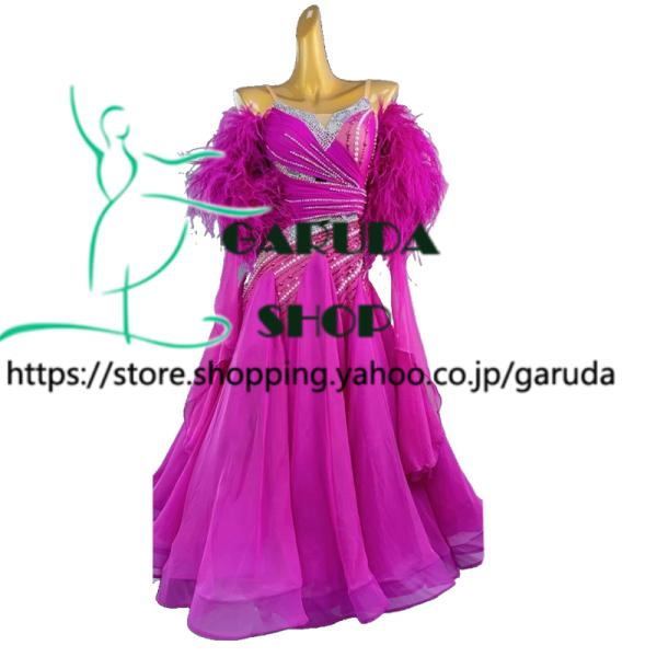 ストレッチ素材で動きやすく、発表会、競技などにおすすめのレディースモダン社交ダンス衣装です。高級ドレス、ぜひお楽しみにしてください。魅力のセミオーダーも対応させていただきます。[サイズ/cm] Sサイズ  着丈125 バスト79-83 ウエ...