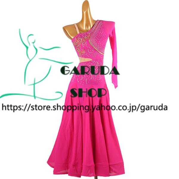 ストレッチ素材で動きやすく、発表会、競技、練習などにおすすめのレディースモダン社交ダンス衣装です。伸縮性がありとても着心地が良いワンランク上の生地を使用しています。ぜひお楽しみにしてください。[サイズ/cm] S/　　着丈121　バスト78...