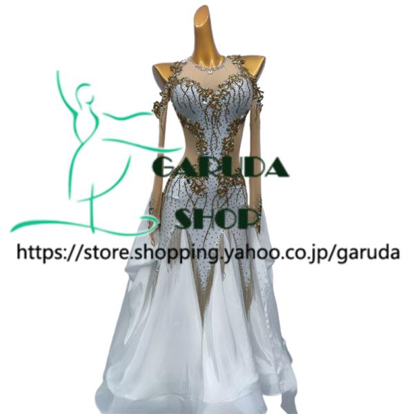 ストレッチ素材で動きやすく、発表会、競技などにおすすめのレディースモダン社交ダンス衣装です。高級ドレス、ぜひお楽しみにしてください。魅力のセミオーダーも対応させていただきます。[サイズ/cm] Sサイズ  着丈125 バスト79-83 ウエ...