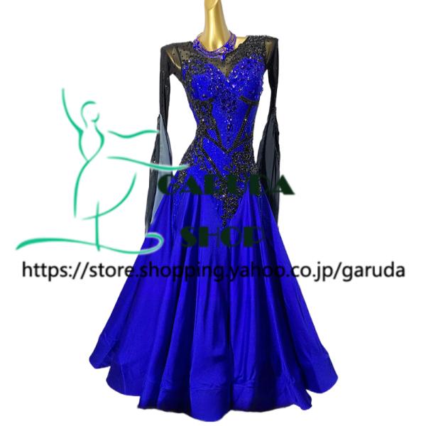 ストレッチ素材を使用しているため動きやすく、発表会や競技などにおすすめのレディースモダン社交ダンス衣装です。高級ドレスをぜひお楽しみにしてください。魅力的なセミオーダーも承っております。Sサイズ  着丈125 バスト79-83 ウエスト62...