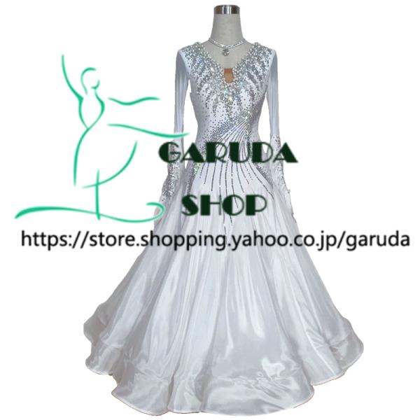 ストレッチ素材を使用しているため動きやすく、発表会や競技などにおすすめのレディースモダン社交ダンス衣装です。高級ドレスをぜひお楽しみにしてください。魅力的なセミオーダーも承っております。Sサイズ  着丈125 バスト79-83 ウエスト62...