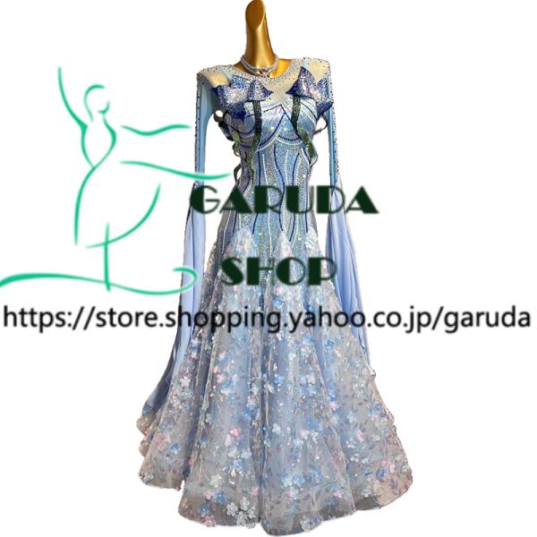 ストレッチ素材を使用しているため動きやすく、発表会や競技などにおすすめのレディースモダン社交ダンス衣装です。高級ドレスをぜひお楽しみにしてください。魅力的なセミオーダーも承っております。Sサイズ  着丈125 バスト79-83 ウエスト62...