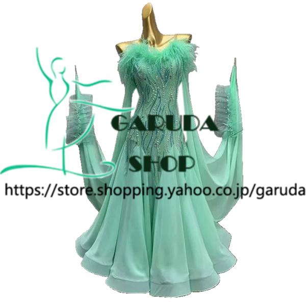 ストレッチ素材を使用しているため動きやすく、発表会や競技などにおすすめのレディースモダン社交ダンス衣装です。高級ドレスをぜひお楽しみにしてください。魅力的なセミオーダーも承っております。Sサイズ  着丈125 バスト79-83 ウエスト62...