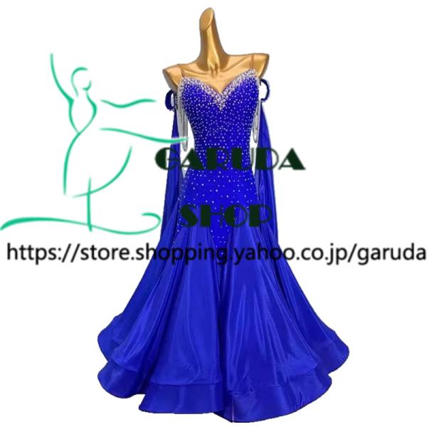 ストレッチ素材を使用しているため動きやすく、発表会や競技などにおすすめのレディースモダン社交ダンス衣装です。高級ドレスをぜひお楽しみにしてください。魅力的なセミオーダーも承っております。Sサイズ  着丈125 バスト79-83 ウエスト62...