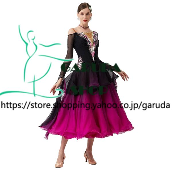 ストレッチ素材を使用しているため動きやすく、発表会や競技などにおすすめのレディースモダン社交ダンス衣装です。魅力的なセミオーダーも承っております。Sサイズ  着丈125 バスト79-83 ウエスト62-65 ヒップ85-88 Mサイズ  着...