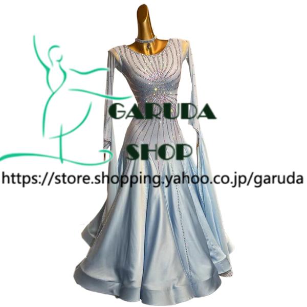 ストレッチ素材を使用しているため動きやすく、発表会や競技などにおすすめのレディースモダン社交ダンス衣装です。高級ドレスをぜひお楽しみにしてください。魅力的なセミオーダーも承っております。Sサイズ  着丈125 バスト79-83 ウエスト62...