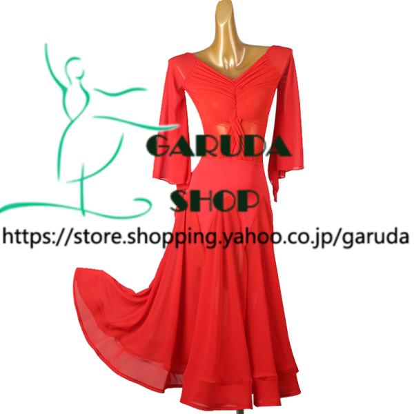 ストレッチ素材で動きやすく、発表会、競技、練習などにおすすめのレディースモダン社交ダンス衣装です。S/　　着丈125　バスト78-84　肩幅36　ウエスト62-66　ヒップ83-88M/　  着丈125　バスト83-88　肩幅37　ウエスト...