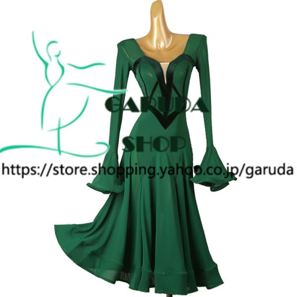 ストレッチ素材で動きやすく、発表会、競技、練習などにおすすめのレディースモダン社交ダンス衣装です。S/　　着丈125　バスト78-84　肩幅36　ウエスト62-66　ヒップ83-88M/　  着丈125　バスト83-88　肩幅37　ウエスト...