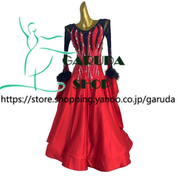 ストレッチ素材を使用しているため動きやすく、発表会や競技などにおすすめのレディースモダン社交ダンス衣装です。高級ドレスをぜひお楽しみにしてください。魅力的なセミオーダーも承っております。Sサイズ  着丈125 バスト79-83 ウエスト62...