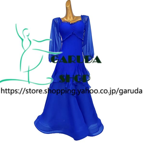 ストレッチ素材を使用しているため動きやすく、発表会や競技などにおすすめのレディースモダン社交ダンス衣装です。高級ドレスをぜひお楽しみにしてください。魅力的なセミオーダーも承っております。Sサイズ 着丈125 バスト79-83 ウエスト62-...