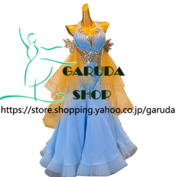 ストレッチ素材を使用しているため動きやすく、発表会や競技などにおすすめのレディースモダン社交ダンス衣装です。高級ドレスをぜひお楽しみにしてください。魅力的なセミオーダーも承っております。Sサイズ  着丈125 バスト79-83 ウエスト62...