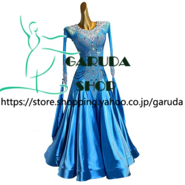 ストレッチ素材を使用しているため動きやすく、発表会や競技などにおすすめのレディースモダン社交ダンス衣装です。高級ドレスをぜひお楽しみにしてください。魅力的なセミオーダーも承っております。Sサイズ  着丈125 バスト79-83 ウエスト62...