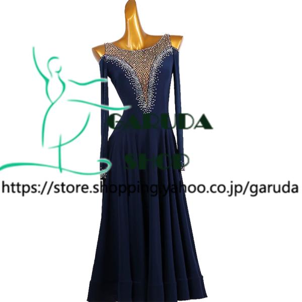 ストレッチ素材を使用しているため動きやすく、発表会や競技などにおすすめのレディースモダン社交ダンス衣装です。高級ドレスをぜひお楽しみにしてください。魅力的なセミオーダーも承っております。Sサイズ 着丈125 バスト79-83 ウエスト62-...