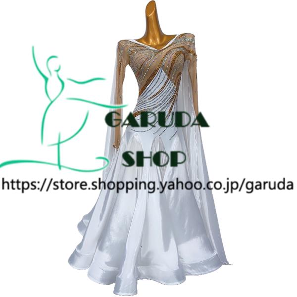 ストレッチ素材を使用しているため動きやすく、発表会や競技などにおすすめのレディースモダン社交ダンス衣装です。高級ドレスをぜひお楽しみにしてください。魅力的なセミオーダーも承っております。Sサイズ  着丈125 バスト79-83 ウエスト62...