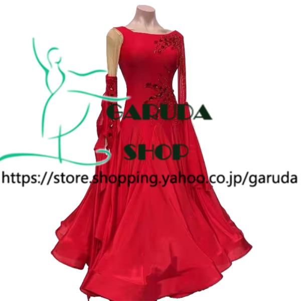 ストレッチ素材を使用しているため動きやすく、発表会や競技などにおすすめのレディースモダン社交ダンス衣装です。高級ドレスをぜひお楽しみにしてください。魅力的なセミオーダーも承っております。Sサイズ  着丈125 バスト79-83 ウエスト62...