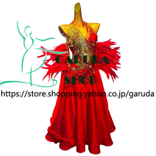 ストレッチ素材を使用しているため動きやすく、発表会や競技などにおすすめのレディースモダン社交ダンス衣装です。高級ドレスをぜひお楽しみにしてください。魅力的なセミオーダーも承っております。Sサイズ  着丈125 バスト79-83 ウエスト62...