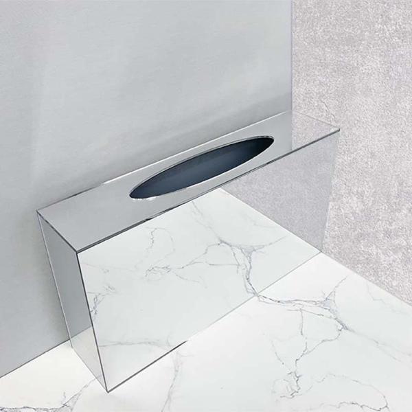 【高級ミラータイプ フェイスカバー用ケース】店舗の試着室用フェイスカバーケース。一般的な箱入りフェイスカバーの上から被せるだけで、お店の印象をワンランクup！ミラータイプのアクリル製で、高級感があるだけでなく、ミラーの効果でお部屋を広く見せ...