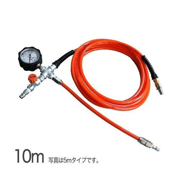 止水ボールに空気を注入する為に使用します。コンプレッサーorフットポンプと止水ボールを接続します。圧力計にて注入圧をご確認いただけます。