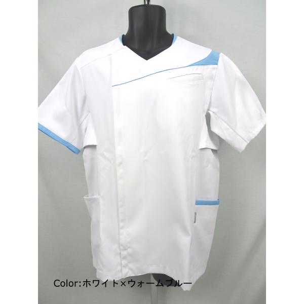 ●メーカー：住商モンブラン(asics)●品番：CHM854-0104●商品名：メンズスクラブ【中古】●カラー： ホワイト×ウォームブルー●サイズ：・L(着丈:73 バスト:112 肩幅:45 袖丈:25) ●素材・ポリエステル100％・ソ...