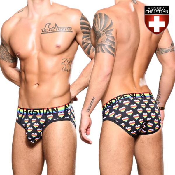 Progress Pride Brief w/ Almost Nakedアンドリュークリスチャンのビキニブリーフパンツ。LBGTを象徴するレインボー柄ハートをモチーフにしたデザイン。フロントは着用感にストレスのない立体縫製の「オールモストネ...