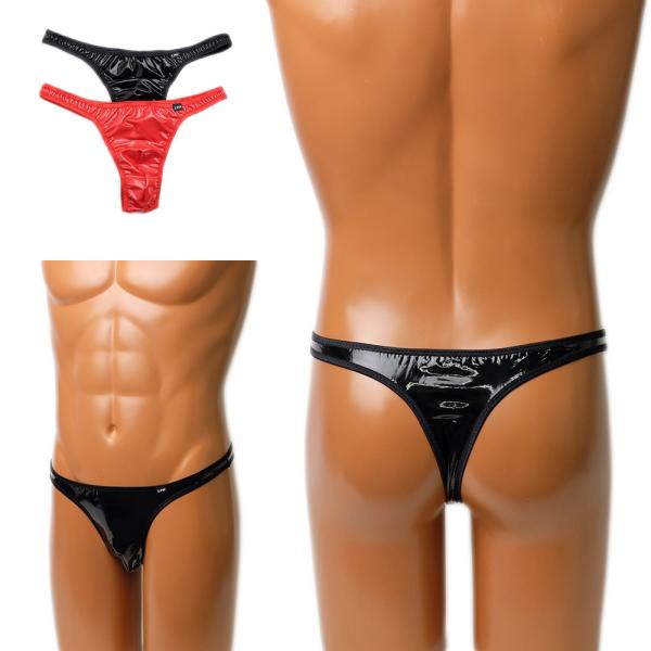 伸縮性のあるストレッチエナメル素材のメンズTバック。フロントハーフシーム。置き寸法 縦17cm(Mサイズ)19cm(Lサイズ)、横幅29cm(伸び最大52cm程度)(M)30cm(伸び最大55cm程度)(L)。カラーはブラック 黒、レッド ...