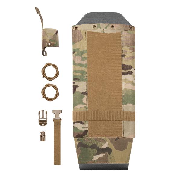 プレートキャリアの背面にメカニカルブリーチングツールを携帯するためのポーチです。調節可能な本体と伸縮性のある底部が特徴で、スレッジハンマー、ボルトカッター、Houlyツールなどの工具を包むように収納できます。付属のツールフードは、長い柄のア...