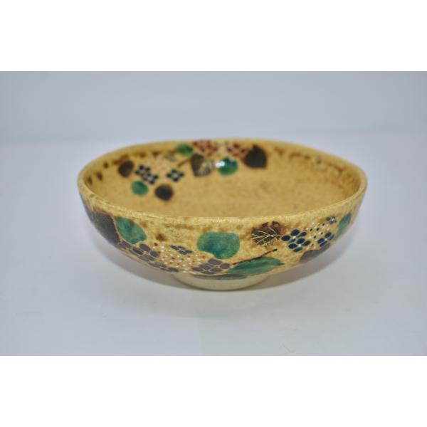 茶道具 抹茶茶碗 黄瀬戸 紫陽花絵 平茶碗 与平 作 紙箱 茶道 tz18-086 径14.7 高さ5.7cm