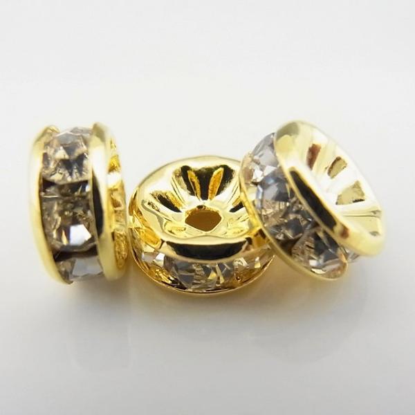 サイズはお好みのものをお選び下さいどれでも10個セットで100円のお買い得セールとなっております【直径】約：５ｍｍ・６ｍｍ・８ｍｍ・１０ｍｍ【形】平型【色】ゴールド（本体）×クリア（ラインストーン）【材質】真鍮のメッキとなります（金属アレル...