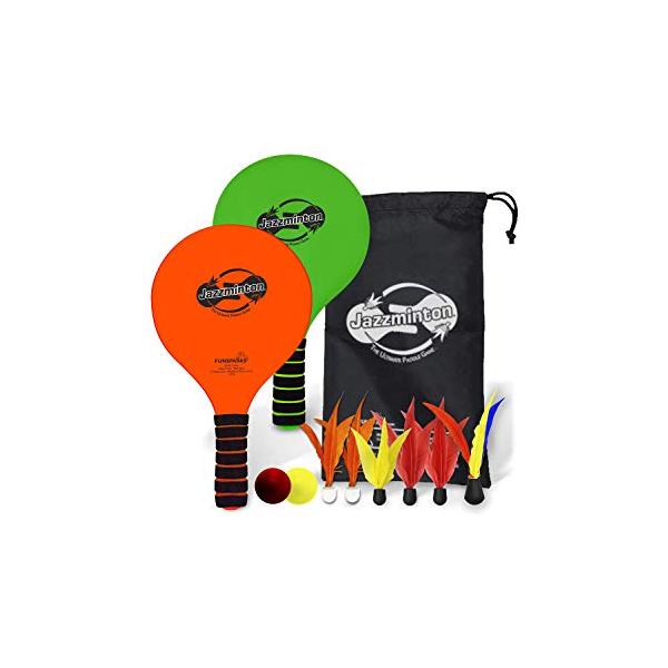 「商品情報」セット内容：蛍光色の木製パドル2本、ボール2個、羽根6個（スロープレー用の赤いシャトル2個、ファストプレー用の黄色いシャトル1個、夜用のオレンジ色のLED羽根（特許出願中）2個、ウィンド羽根1個、耐久性のあるキャリーバッグがセッ...