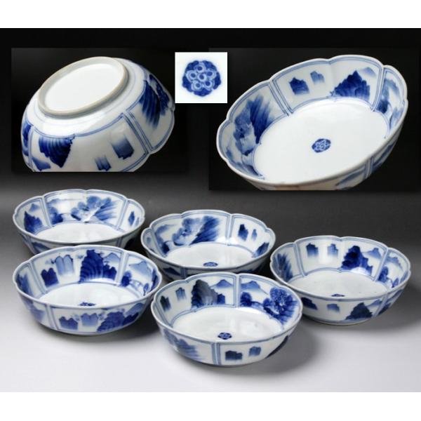 【発売日：2020年04月30日】ご覧の様な江戸中期に製作された古伊万里の深皿五客揃いの品です。時代なりの清潔感のある風合にて全体を構成されており、発色の良い染付の五弁花・山水図が良く映えた作品です。(最近では滅多に見かける事の無い古伊万里...