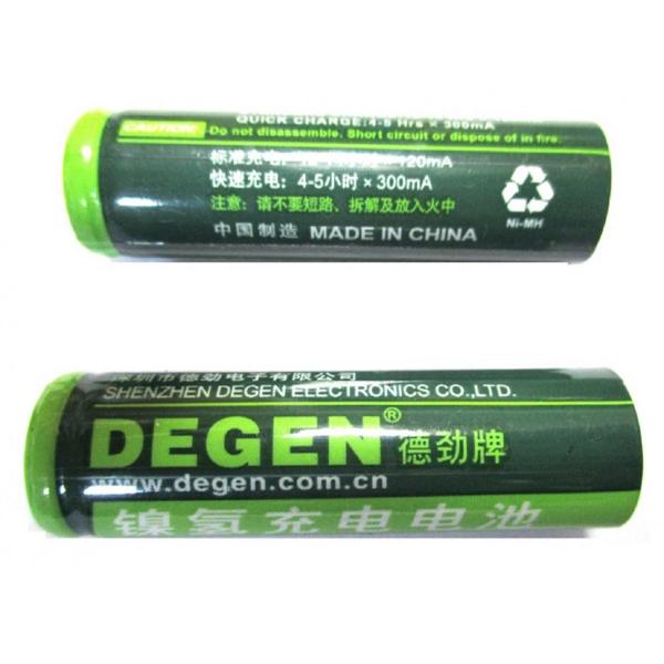 DEGEN製充電式単三電池です。Ni-MH 充電池*2本 ・長さ:約48mm 直径:約14mm ・公称容量:1300mAh ・公称電圧:DC1.25V  