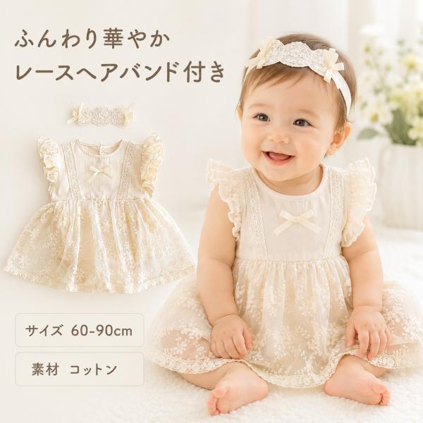 ＼ レースと花柄が華やかに映える ヘアバンド付きベビードレス ／繊細なレースと花柄チュールを組み合わせた、上品で華やかなベビードレス。お揃いのレースヘアバンド付きで、コーディネートがこれ一つで完成します。ふんわり広がるスカートデザインが可愛...