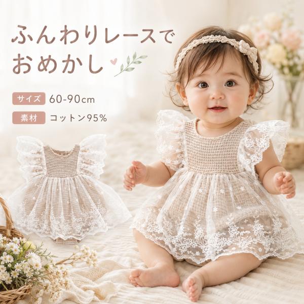 ＼ ふんわりレースでおめかし ／繊細なレースチュールとシャーリングデザインが可愛い、ベビードレス風ロンパース。まるでベビードレスのような華やかさがありながら、ロンパース仕様なので動きやすく、おむつ替えもしやすい一着です。胸元のシャーリングが...