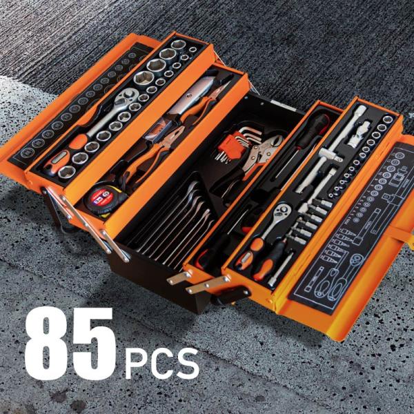 【発売日：2021年01月14日】工具セット 85点セット 高強度 クロムバナジウム製 3段 ツールボックス 工具箱 家庭用 業務用 タイヤ交換 おしゃれ 収納 工具入れ DIY 自動車 バイク 自転車 ツールセット 日常的な整備等に最適な...