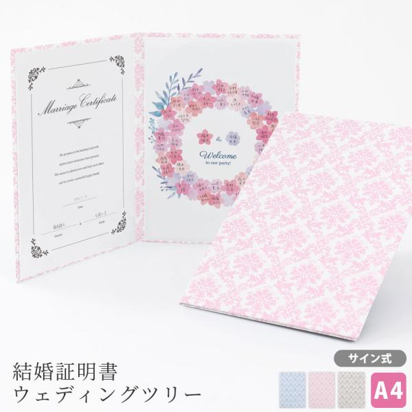 商品詳細【サイズ】縦31cm×横22cm　厚さ0.5cm　2面タイプ【表紙材質】布表紙※表紙色によって素材感が異なる場合がございます。【表紙色】ダマスク柄　ピンク　ブルー　ベージュ【セット内容】結婚証明書台紙：1冊　結婚証明紙：1枚　ゲスト...