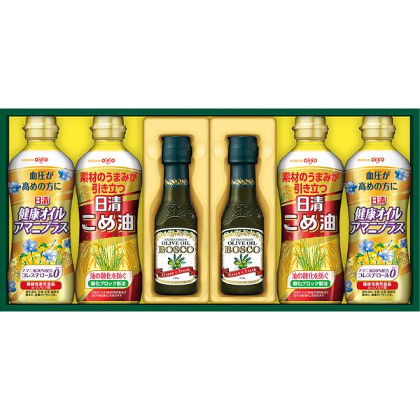 豊かな香りと味わいのBOSCOオリーブオイルと日清健康オイルアマニプラス、日清こめを詰め合わせたギフト。■セット内容：健康オイルアマニプラス・こめ油（各350g）・ボスコエキストラバージンオリーブオイル（140g）×各2■箱サイズ：21.9...